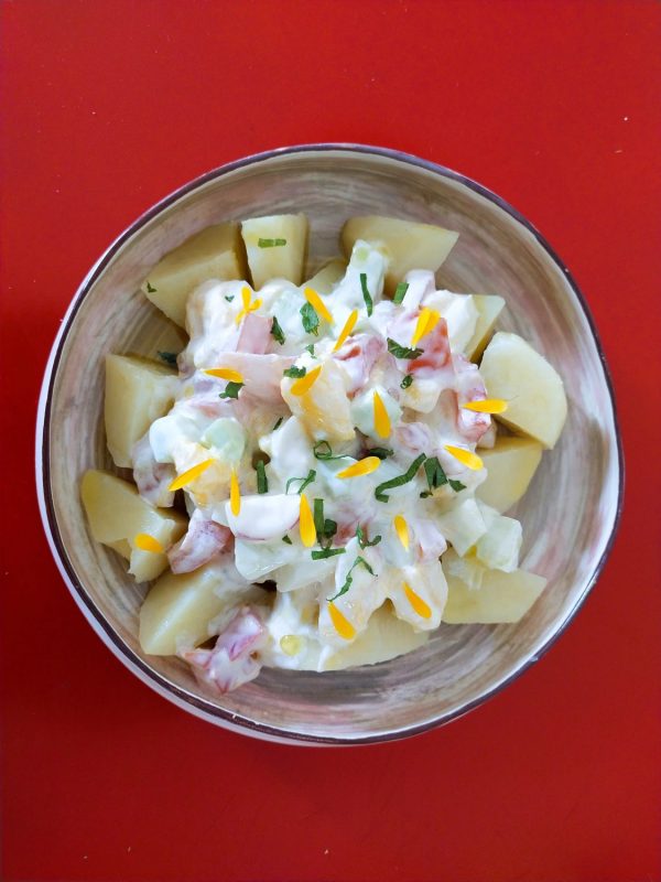 Amanida de patata, cogombre i altres verdures amb iogurt i sardines al ...